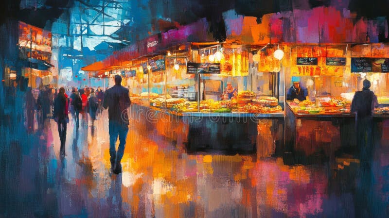 Vibrant Night Market Scene with Warm Lighting Stock Illustration ...