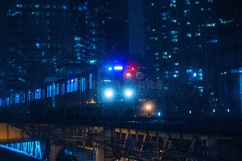 Vibrant Night Scene Featuring a Train with Illuminated Windows Speeding ...