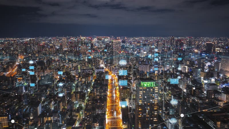 Vibrant Night Skyline with Futuristic Data Visualization Overlays ...