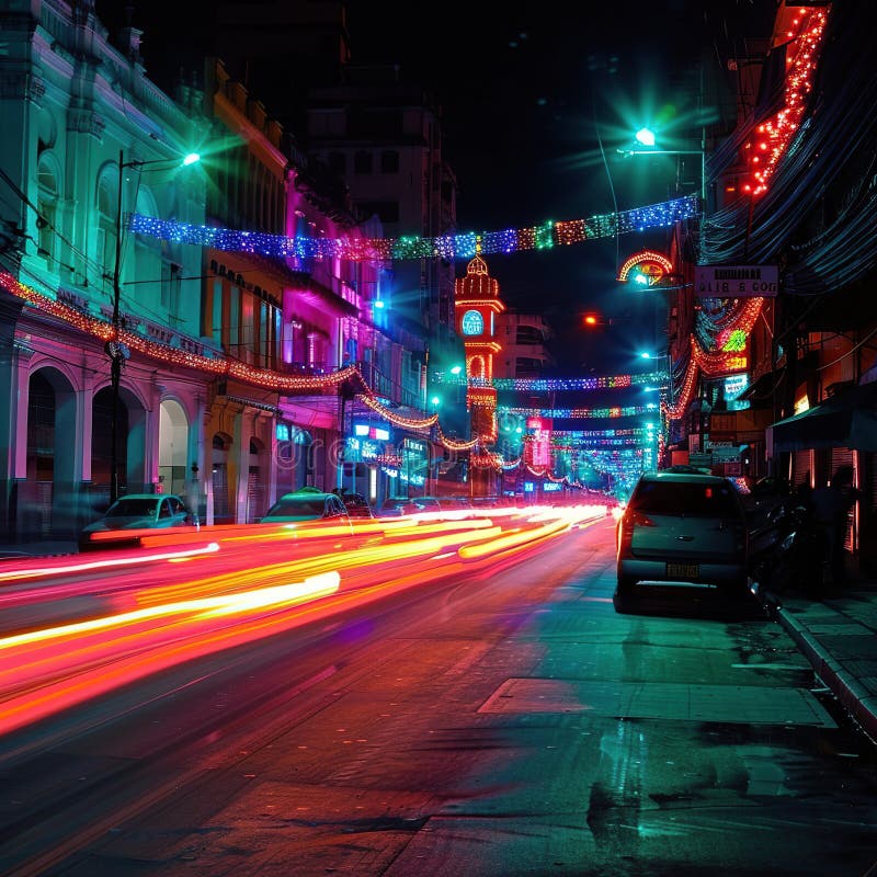 Vibrant Night Street Scene with Light Trails Stock Image - Image of ...