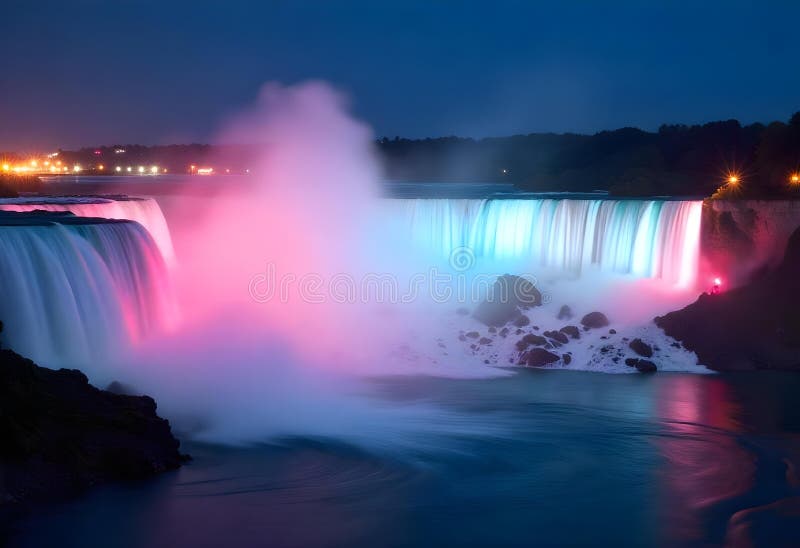 Vibrant Night View of Illuminated Waterfall Scene Stock Illustration ...