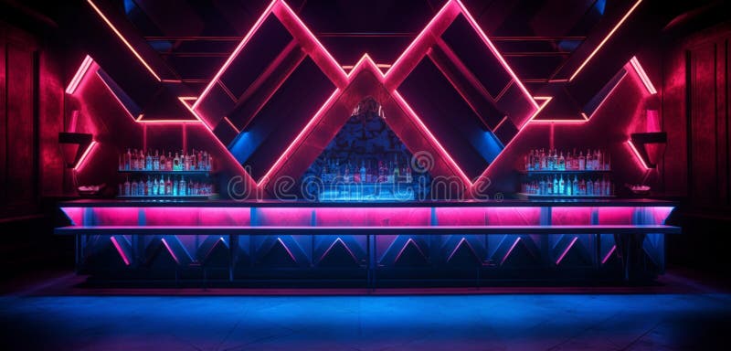 A Vibrant Nightclub with a 3D Neon Geometric Wall Pattern, Stock ...