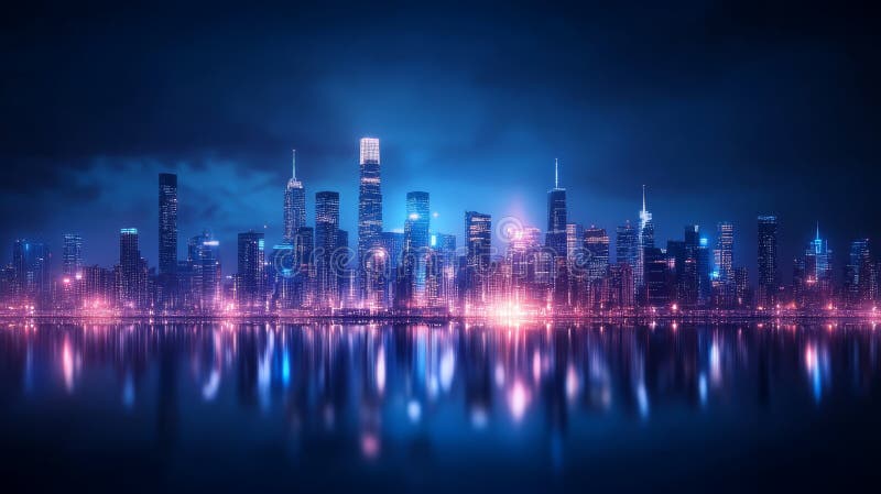Vibrant Nighttime Cityscape with Reflections Stock Illustration ...