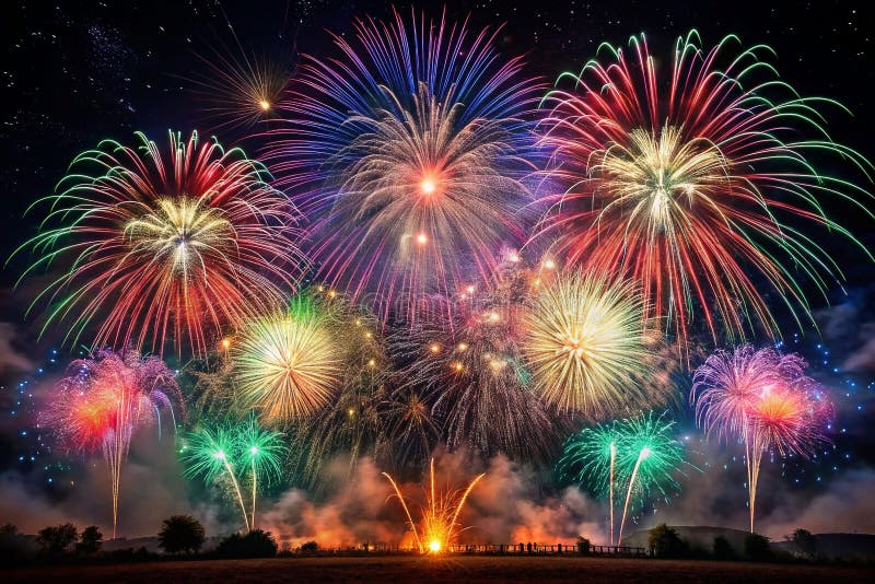 A Vibrant Nighttime Display of Multicolored Fireworks Exploding Against ...