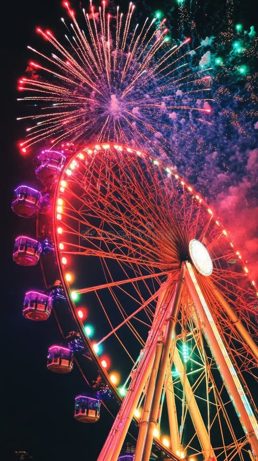 Vibrant Nighttime Ferris Wheel with Fireworks Display Stock Photo ...