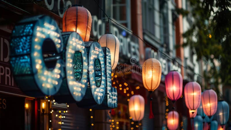 Vibrant Nighttime Street Decor with Illuminated Lanterns and Signage ...