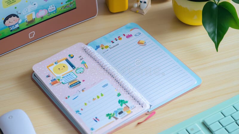 A Colorful Notebook with Cute Stickers on a Desk Featuring a Computer ...
