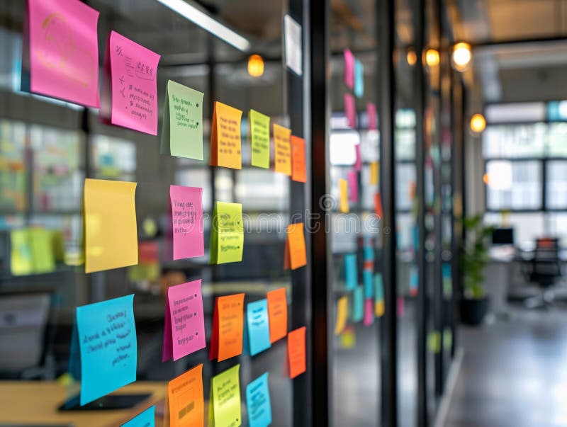 Vibrant Notes Brighten Up Sleek Office Glass Wall Stock Illustration ...