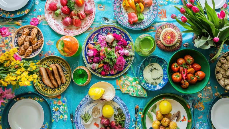 Vibrant Nowruz Celebration with Traditional Haft-Seen Table Stock Image ...