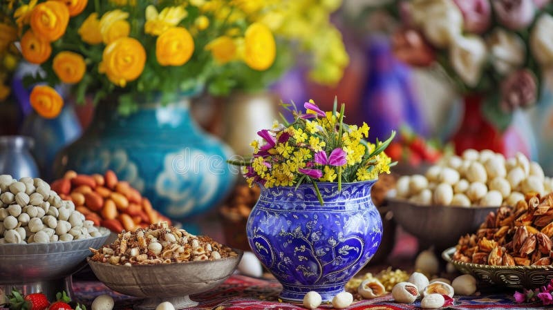 Vibrant Nowruz Celebration with Traditional Haft-Seen Table Stock Photo ...