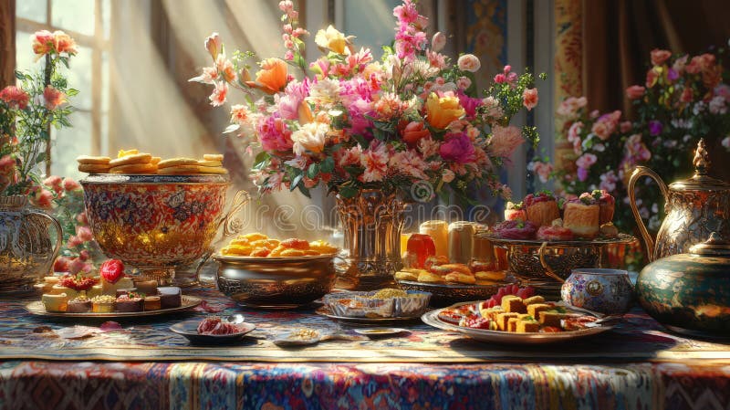 Vibrant Nowruz Haft-Seen Table Setting Stock Illustration ...