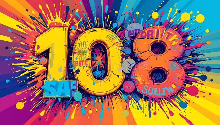 Vibrant 108 Number Design: Exploding Color, Pop Art Style Stock ...