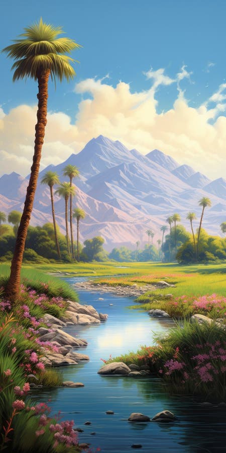 Vibrant Oasis: a Desert River Painting with Enigmatic Tropics Stock ...