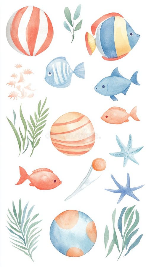 Vibrant Ocean Setting Featuring Fish, Coral, and a Beach Ball Stock ...