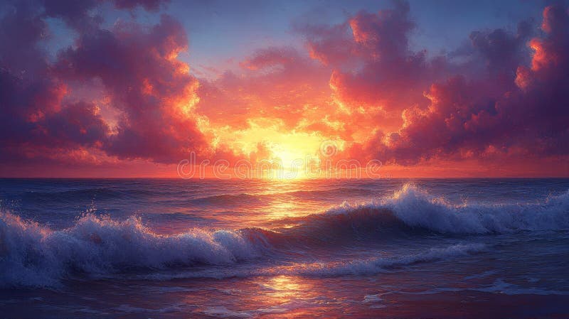 Vibrant Ocean Sunset with Dynamic Waves - Generative Ai Stock ...