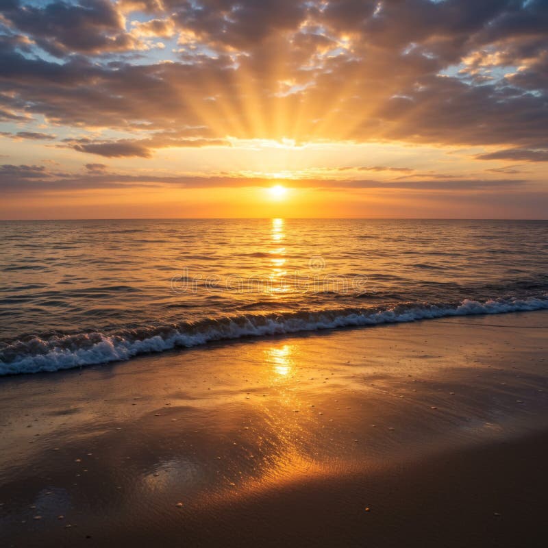 Vibrant Ocean Sunset with Golden Rays on Sandy Beach Stock Image ...