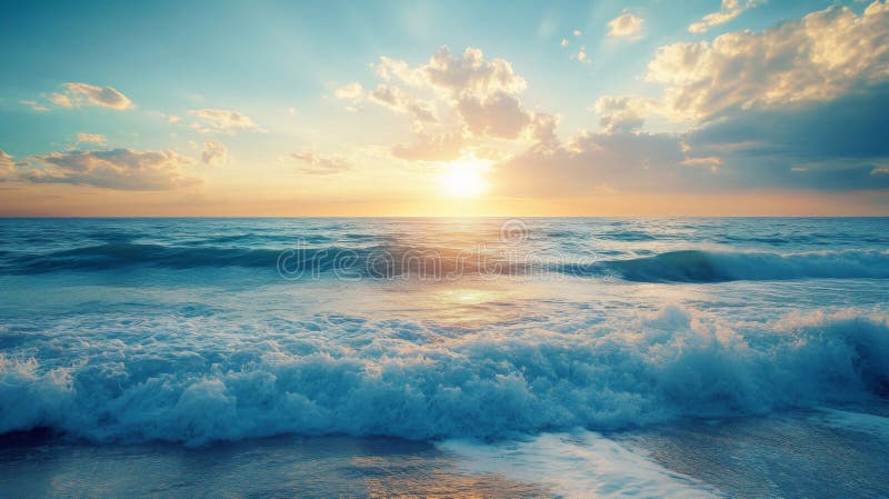 Vibrant Ocean Sunset Landscape with Waves Stock Illustration - Illustration of view, shore ...