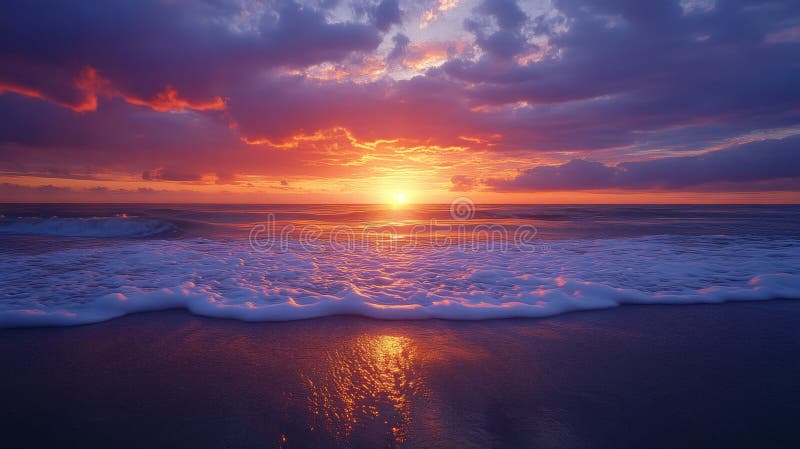 Vibrant Ocean Sunset with Purple Clouds and Waves Stock Illustration - Illustration of orange ...