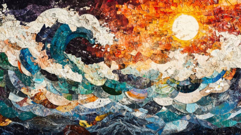 Vibrant Ocean Wave Collage with Sunset Stock Illustration ...
