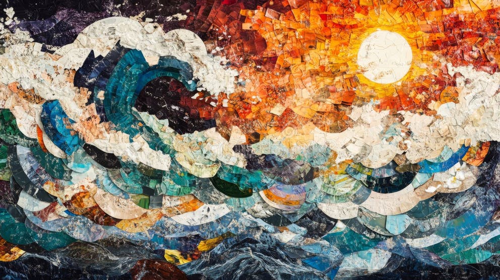 Vibrant Ocean Wave Collage with Sunset Stock Illustration ...