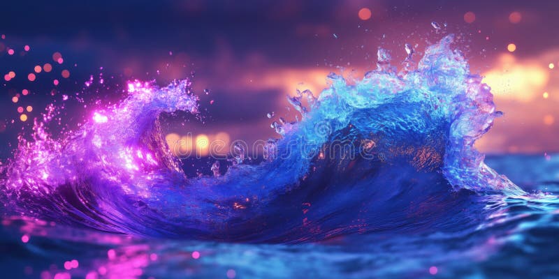 Vibrant Ocean Wave Illuminated by Colorful Lights at Sunset Stock Image ...