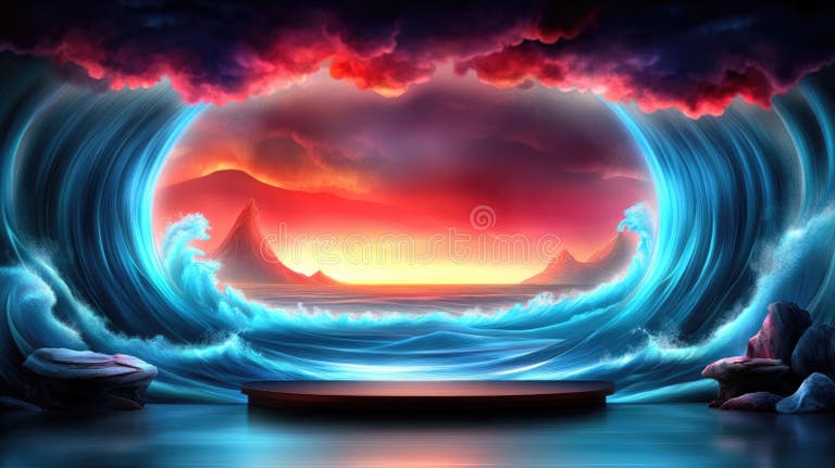 Vibrant Ocean Wave Stage with Dramatic Sunset and Majestic Mountain ...