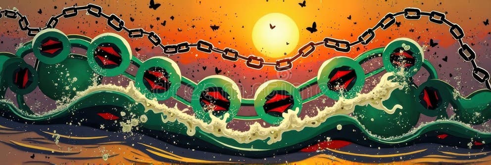 Vibrant Ocean Waves and Chains Against a Sunset with Birds in a Dynamic ...