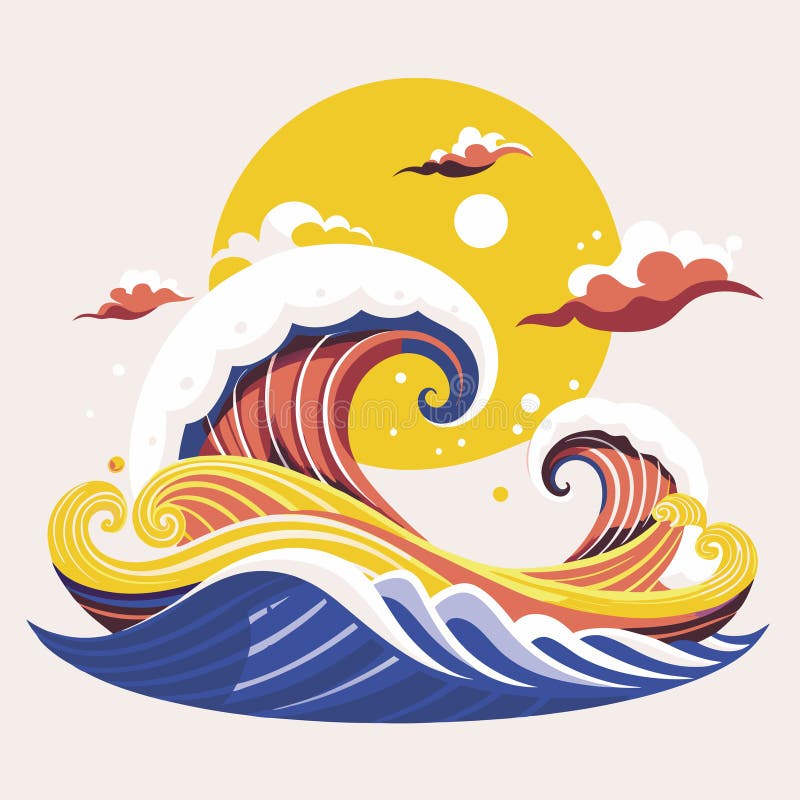 Vibrant Ocean Waves Crashing Under a Bright Yellow Sun Stock Vector ...