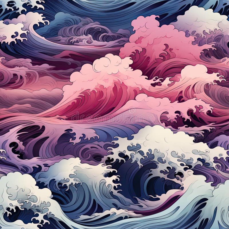 Vibrant Ocean Waves in Crimson and Violet Hues on Wallpaper (tiled ...