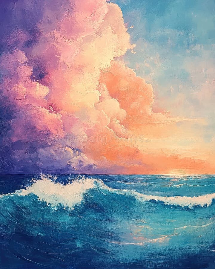 Vibrant Ocean Waves Under a Colorful Sunset Sky with Fluffy Clouds ...