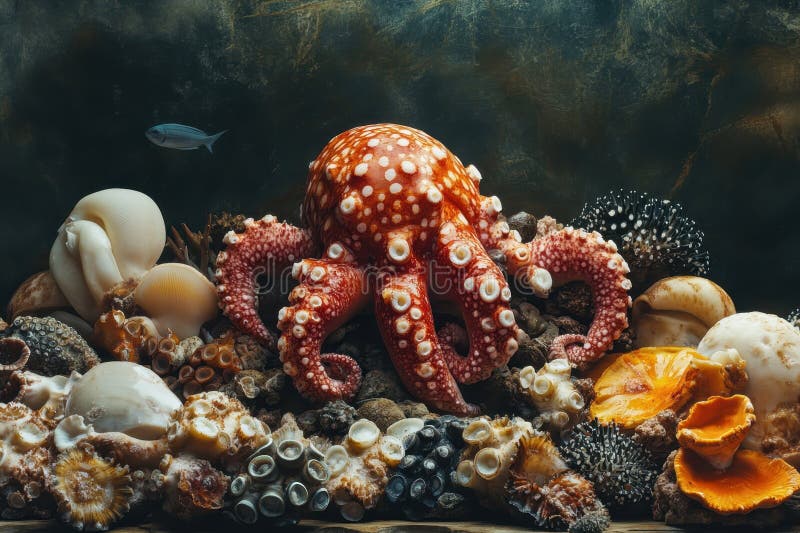 Vibrant Octopus Blending with Colorful Shells in an Underwater Habitat ...