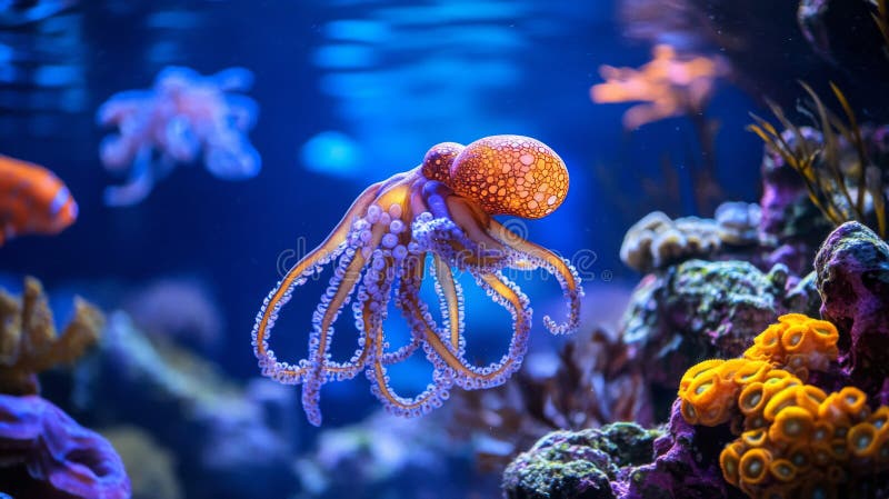 Vibrant Octopus in a Coral Reef Aquarium Stock Illustration ...