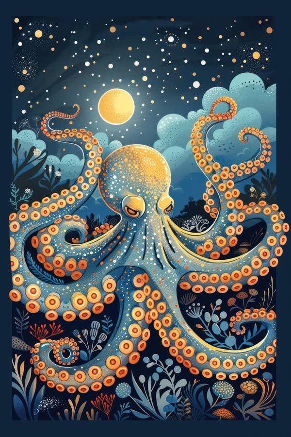 Majestic Octopus in Moonlit Garden Stock Illustration - Illustration of ...