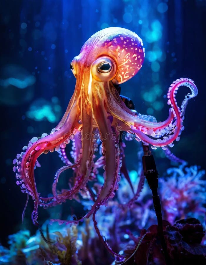 Vibrant Octopus Underwater in an Illuminated Ocean Scene Stock Image ...