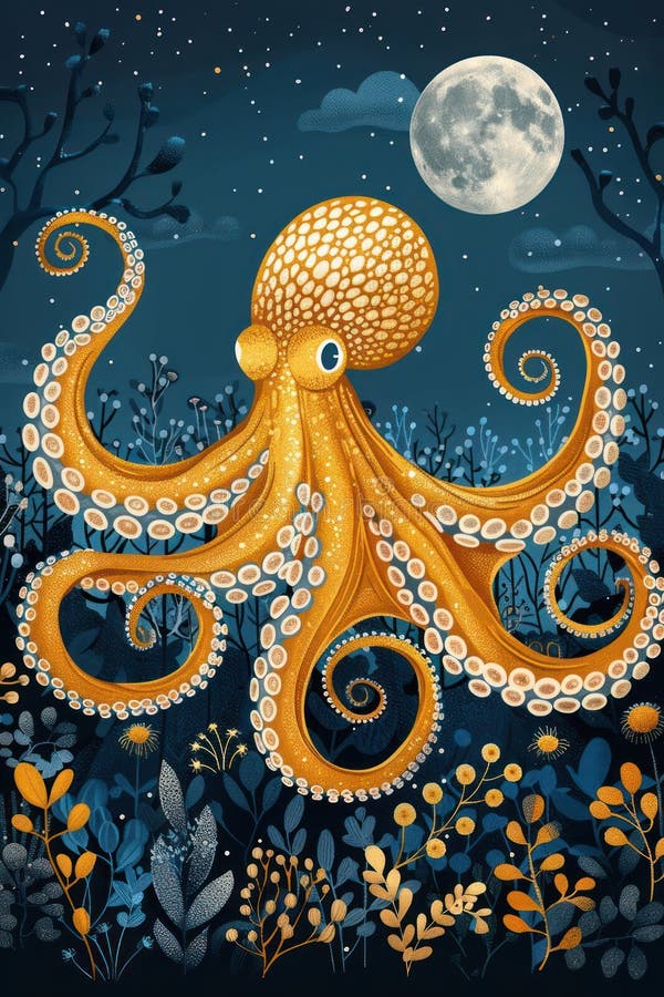 Golden Octopus in Moonlight Garden Stock Illustration - Illustration of ...