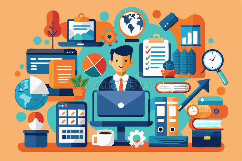 A Vibrant Office Management Illustration Showing Tools for Productivity ...