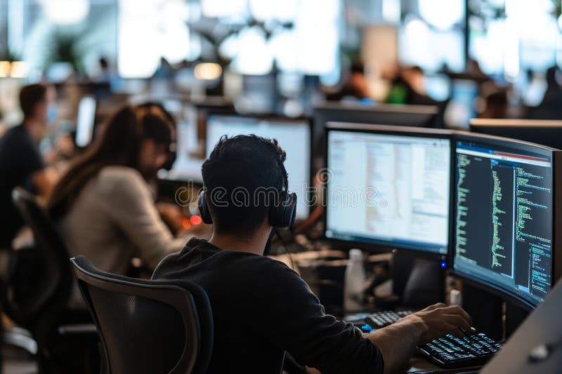 A Busy Office Filled with Focused Professionals. People are Working on ...