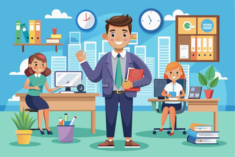 In a Vibrant Office Setting, Cheerful Staff Manage Tasks at Their Desks ...