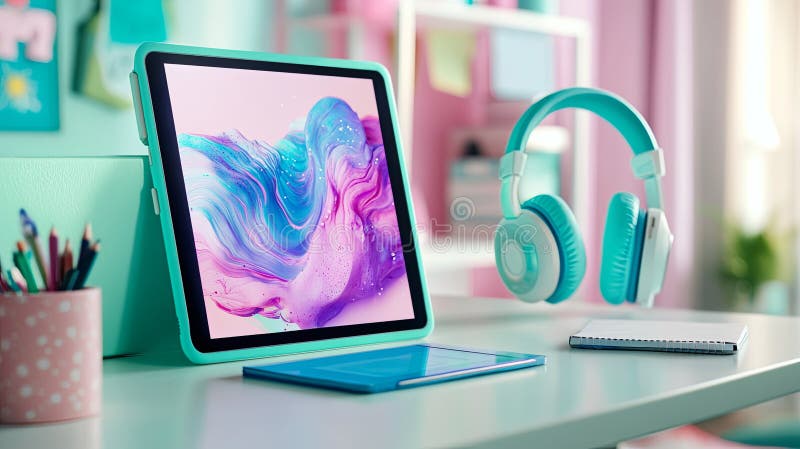 A Vibrant Online Class Setup with a Tablet, Headphones, and a Notebook ...