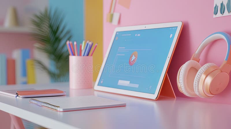 A Vibrant Online Class Setup with a Tablet, Headphones, and a Notebook ...