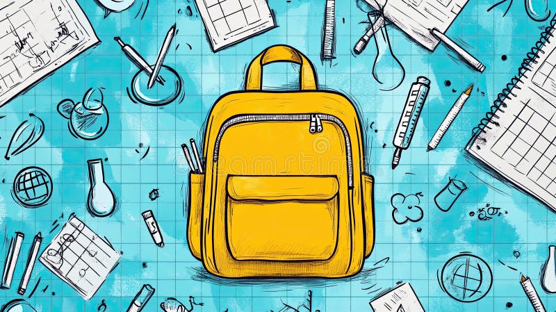 Vibrant Education Poster Featuring Yellow Backpack Surrounded by Doodle ...