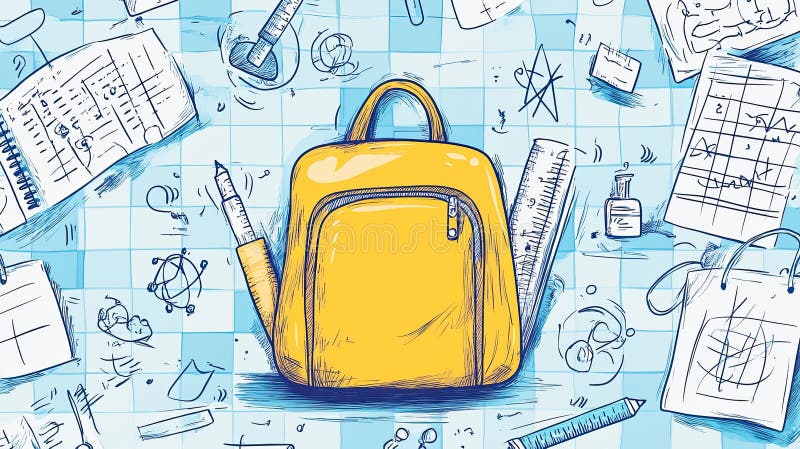 Vibrant Education Poster Featuring Yellow Backpack Surrounded by Doodle ...