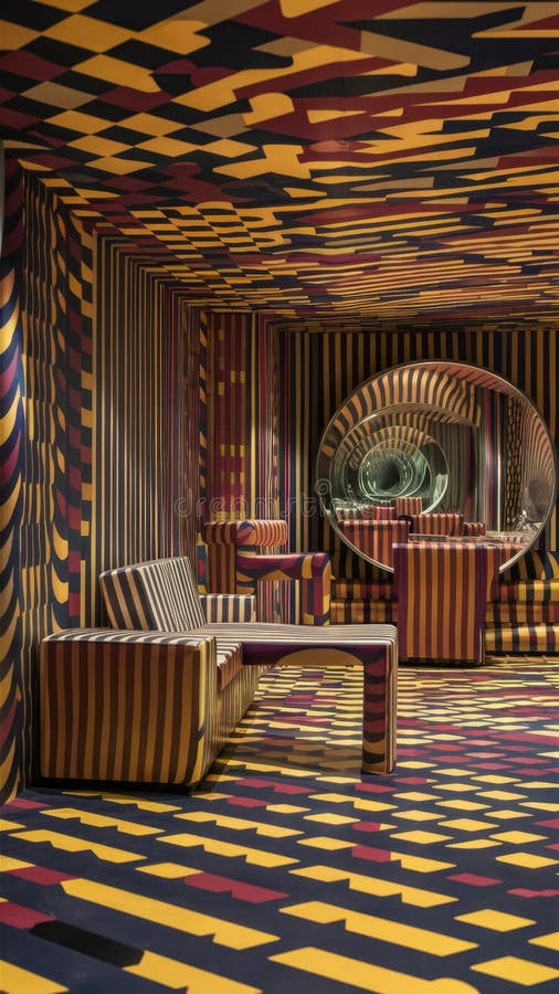 Vibrant Optical Illusion Room with Striped Furniture Stock Image ...