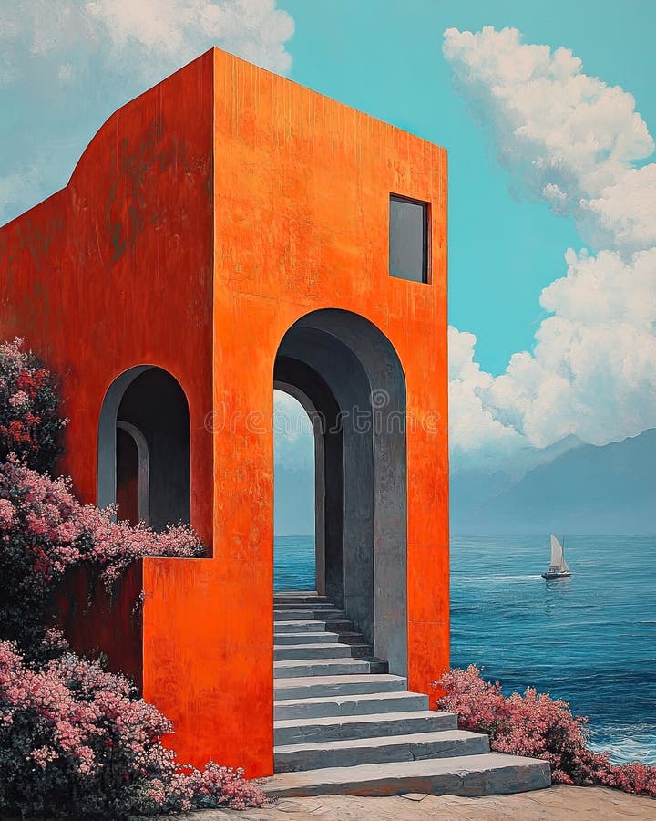 Vibrant Orange Architectural Structure Overlooking a Serene Seascape ...