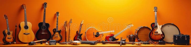 Vibrant Orange Backdrop, Diverse Instruments Musical Notes ...