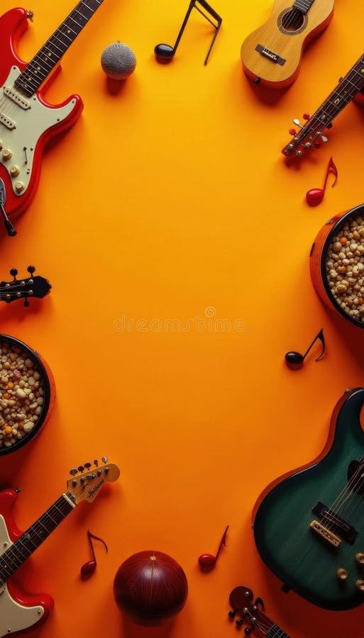 Vibrant Orange Backdrop, Diverse Instruments, Musical Notes Scattered ...