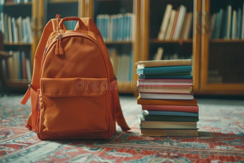 A Vibrant Orange Backpack Alongside a Stack of Hardcover Books ...