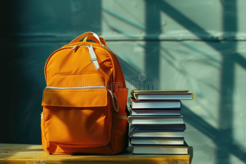 A Vibrant Orange Backpack Alongside a Stack of Hardcover Books ...