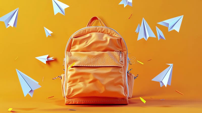 Vibrant Orange Backpack with Flying Paper Planes on Bold Yellow ...