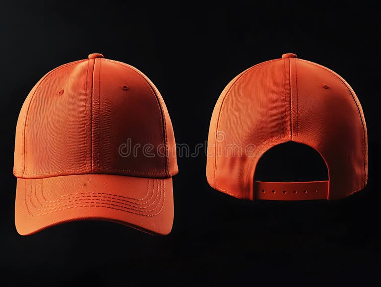 Vibrant Orange Baseball Cap Front and Back Views on Plain Black ...